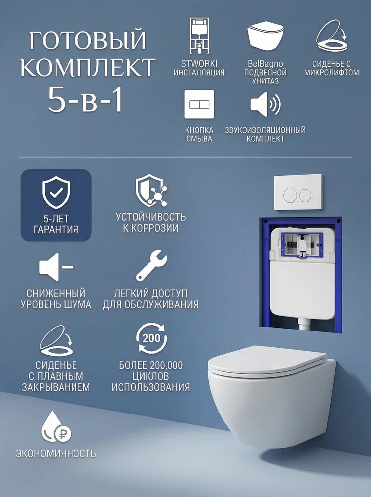 Комплект 5 в 1: Инсталляция STWORKI Хельсинки S33500WH / Унитаз подвесной BelBagno Uno BB3105CHR/SC / Сиденье с микролифтом, Комплект шумоизоляции, Кнопка глянцевая белая