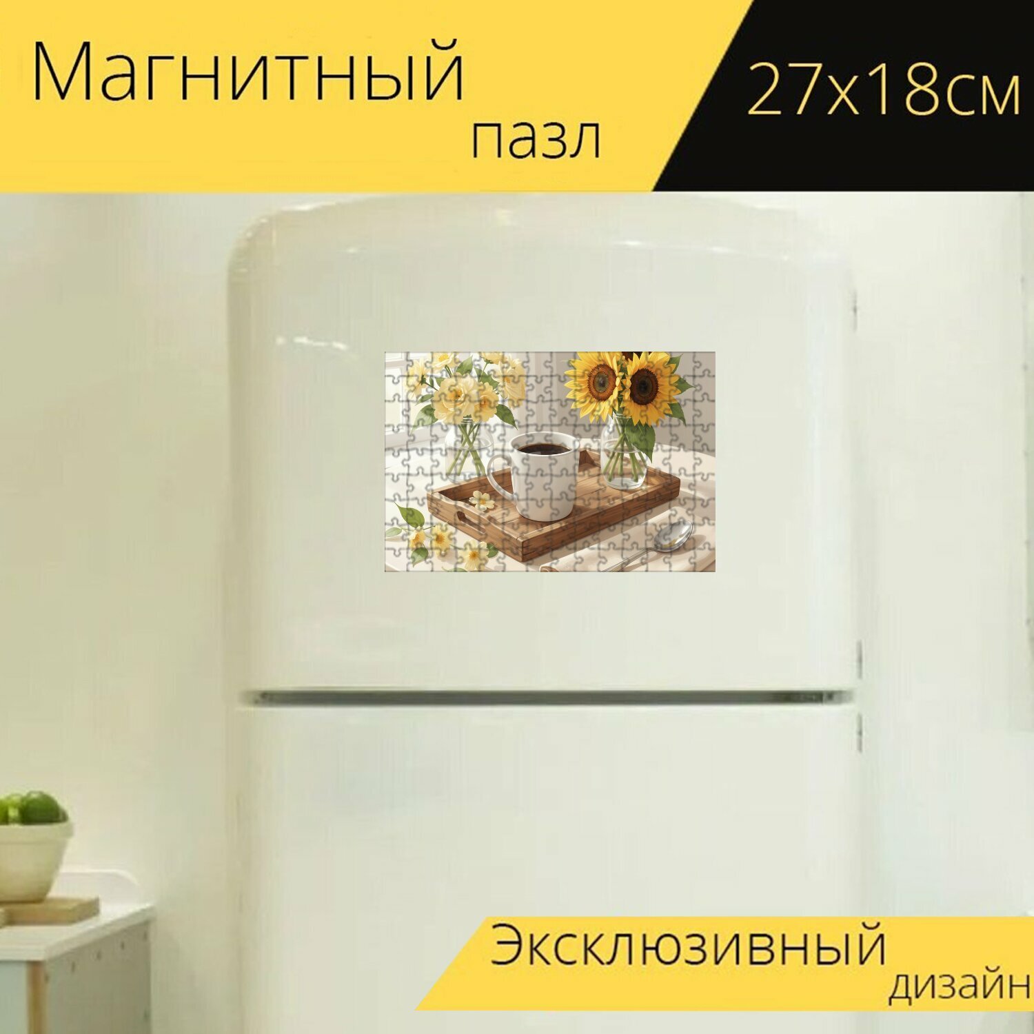 Магнитный пазл "Цветы и кофе у окна. Уютная светлая композиция с подсолнухами, нежными кремовыми цветами и чашкой горячего напитка на деревянном подносе." на холодильник 27 x 18 см.