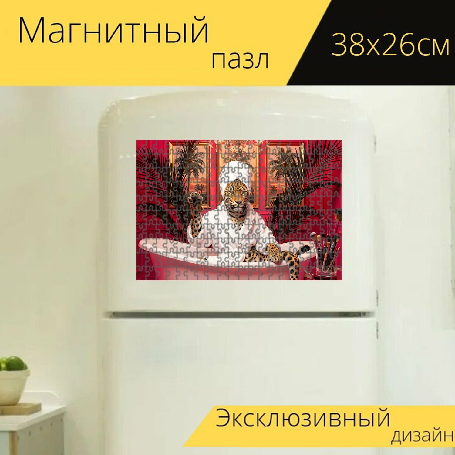 Магнитный пазл "Леопард в ванне с пальмами. Яркая сюрреалистическая сцена: хищная кошка в белом халате и полотенце сидит в ванной, вокруг тропические." для интерьера, 38х26 см.