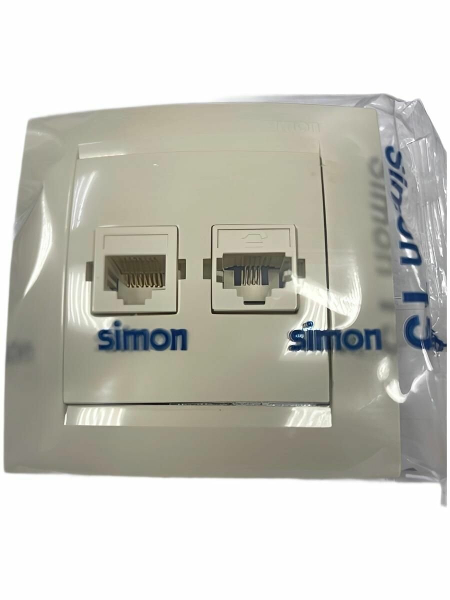 Бежевая Розетка ТЛФ + комп RJ11+RJ45 кат.5е Simon 15, артикул 1591590-031