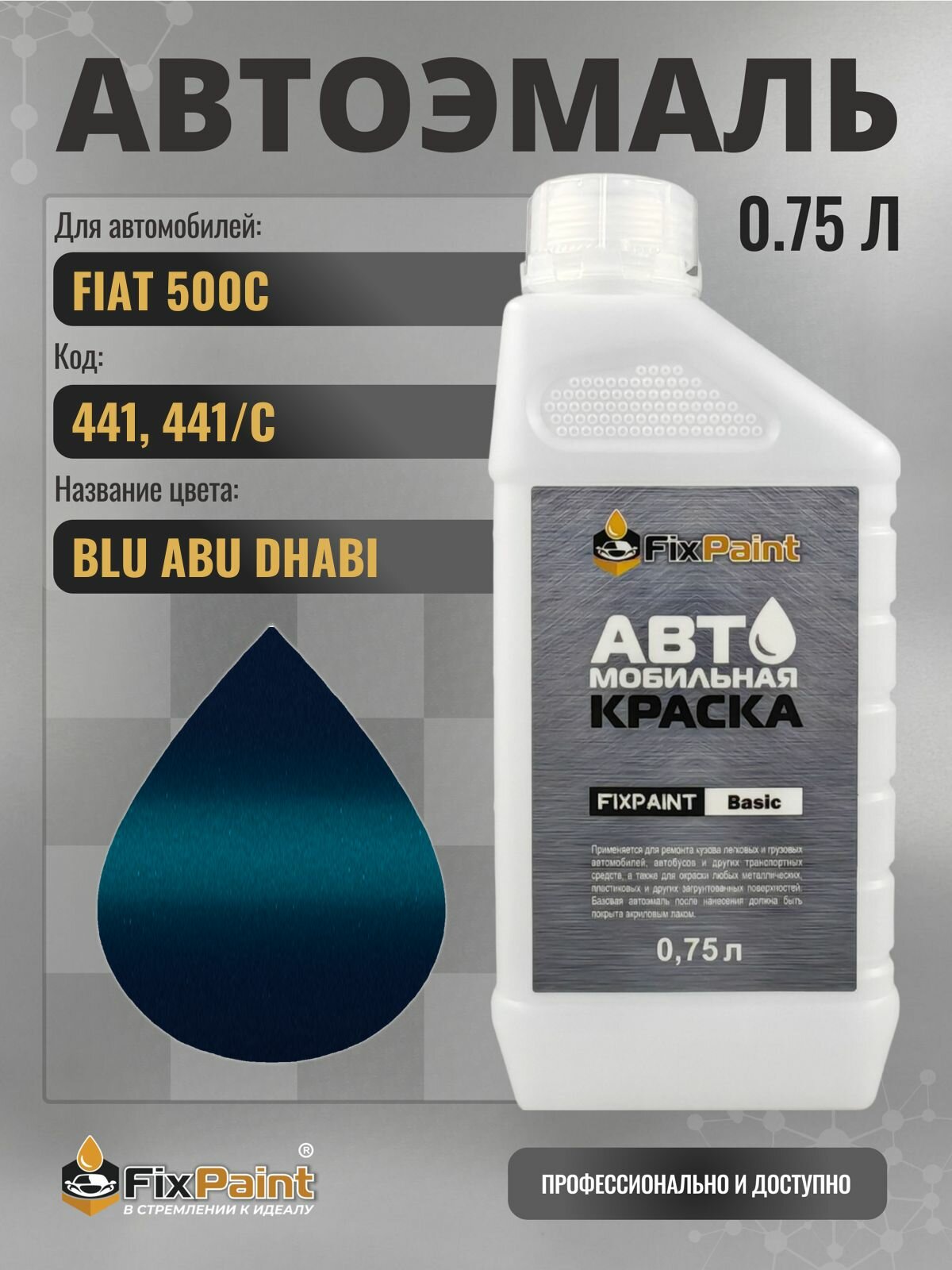 Краска для FIAT 500C, код 441, 441/C, BLU ABU DHABI, автомобильная эмаль базовая под лак FixPaint Basic в канистре, 0,75 л