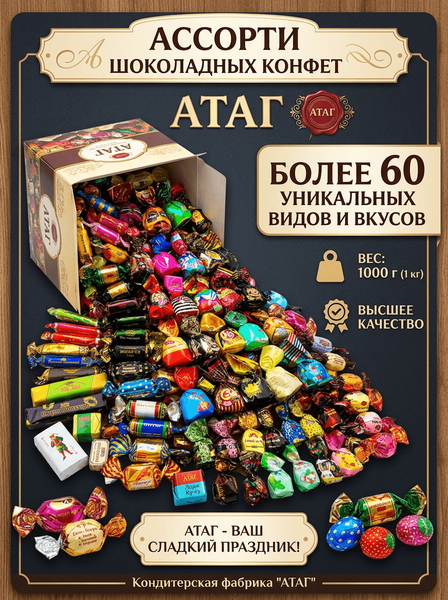 Конфеты АтАг "Ассорти", в шоколаде, 1000гр, без ГМО, картонная коробка