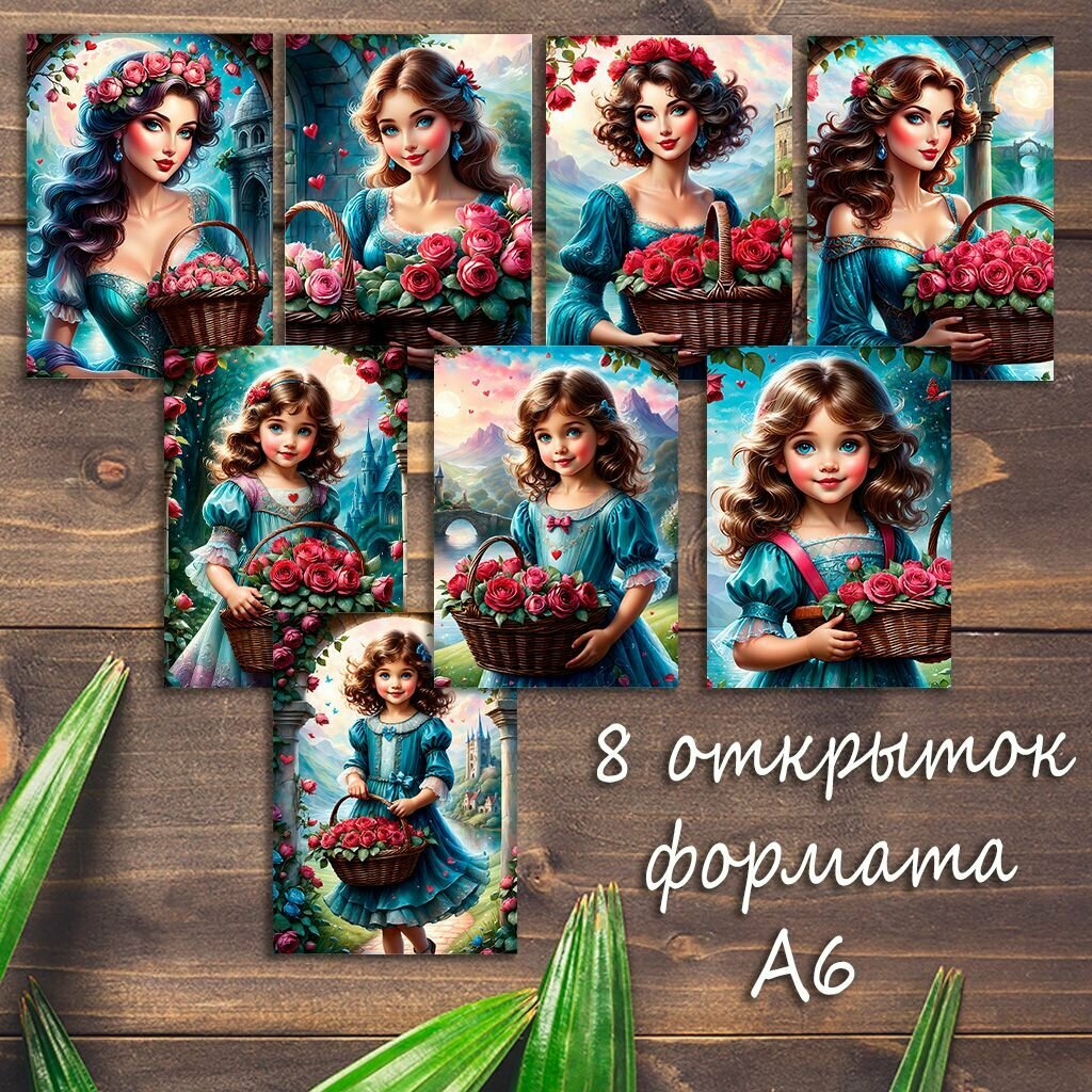 Большой набор открыток Девушки из сказки, 8 штук