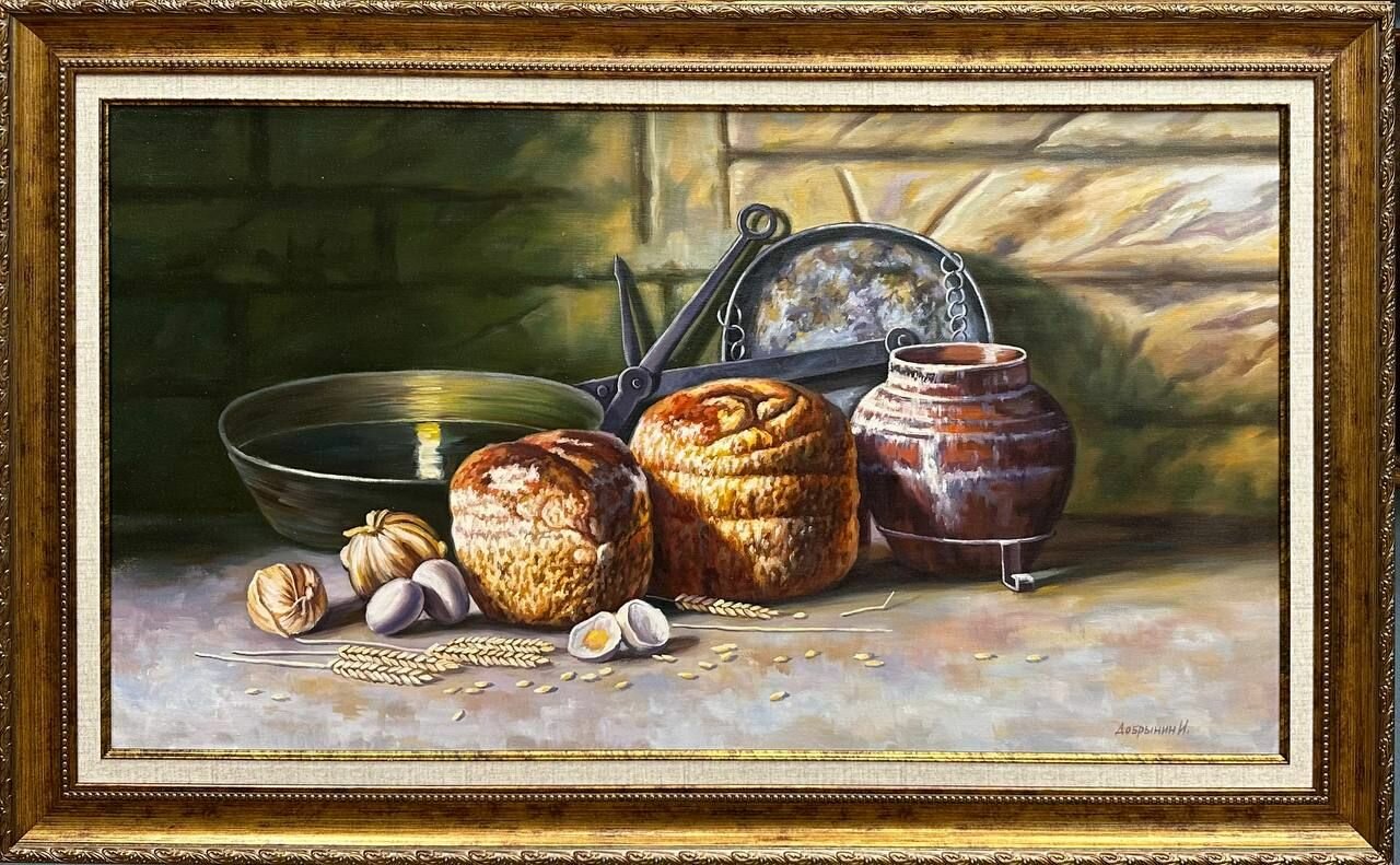Картина маслом "Натюрморт с куличами". Холст/Масло. Размер 50х90. Автор Добрынин И. Н.