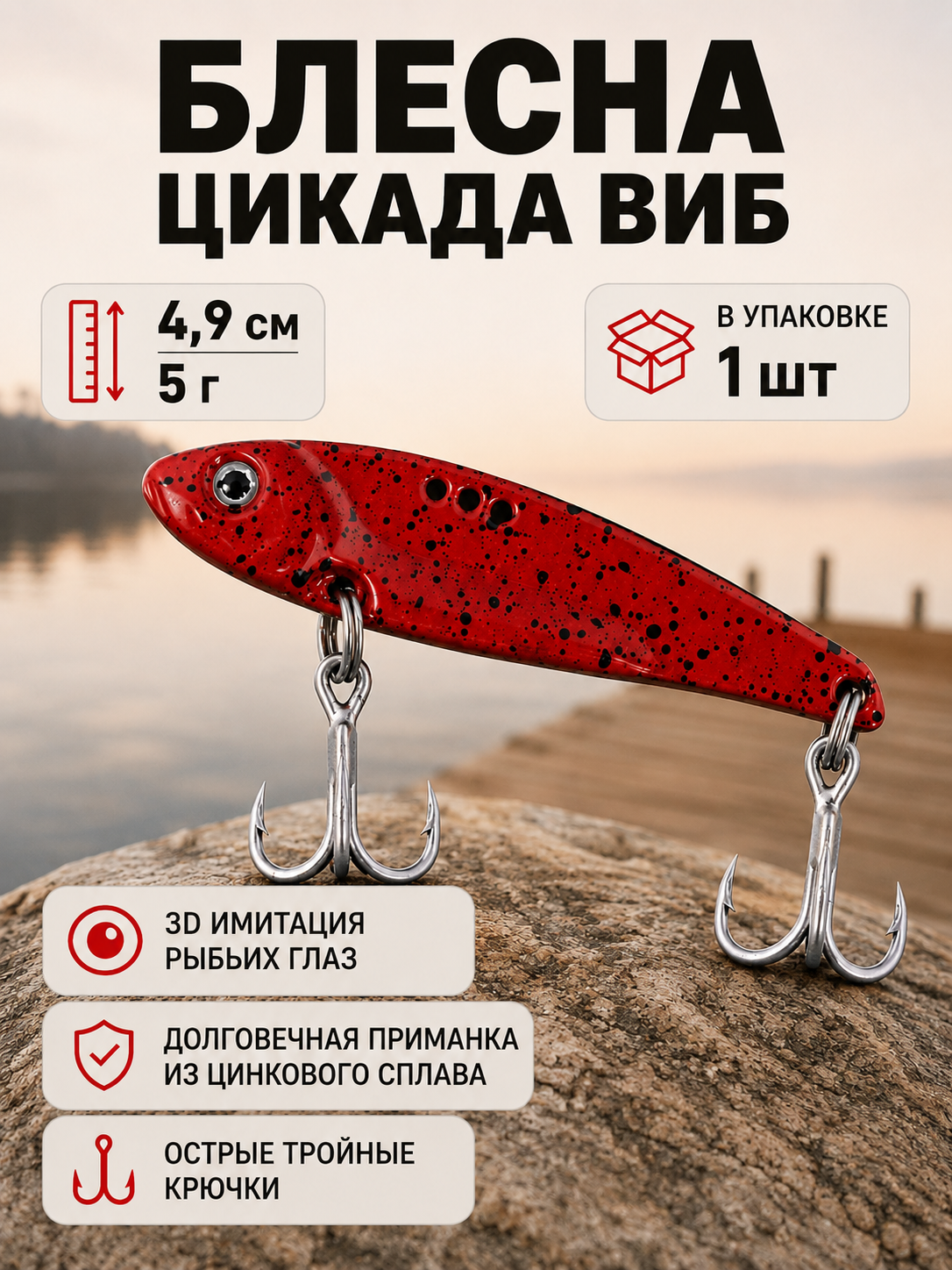 Рыболовная вибрационная металлическая виб-приманка/Джиг-спиннер/блесна цикада, для дальнего заброса 4,9 см/5 г, красно-черная