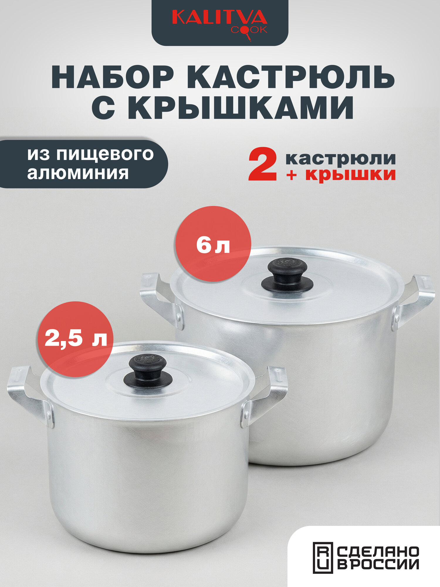 Набор из 2 алюминиевых кастрюль Kalitva с крышками 2,5л; 6, л.
