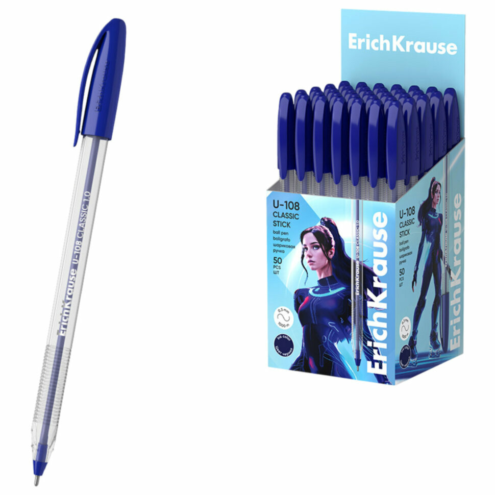 Ручка шариковая ERICH KRAUSE "U-108 Stick Classic", синяя, узел 1 мм, линия 0,3 мм, 47564, 143888