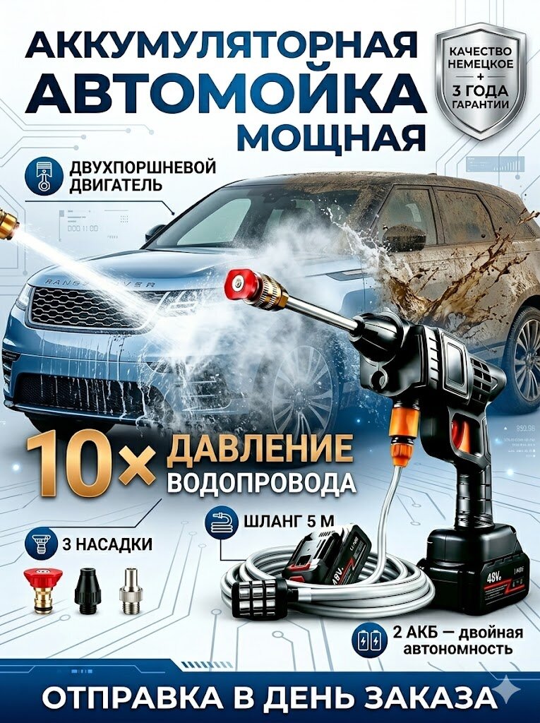 Мойка высокого давления аккумуляторная для автомобиля, Автомойка, в кейсе 2 аккумулятора, 3 насадки