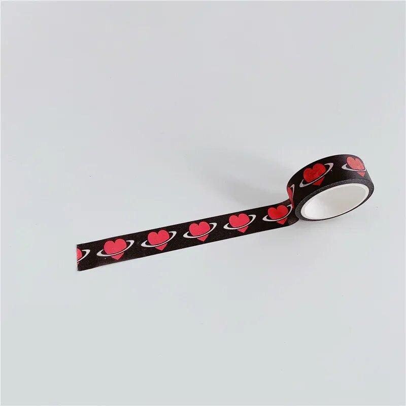 Клейкая лента Washi Tape, сердечки на черном фоне, 5 м