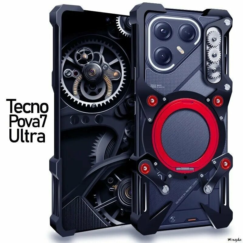 Металлический чехол-бампер без ободка для Tecno Pova 7 Ultra ( техно пова 7 Ультра) с вращающейся на 360 подставкой Чехол, Черный