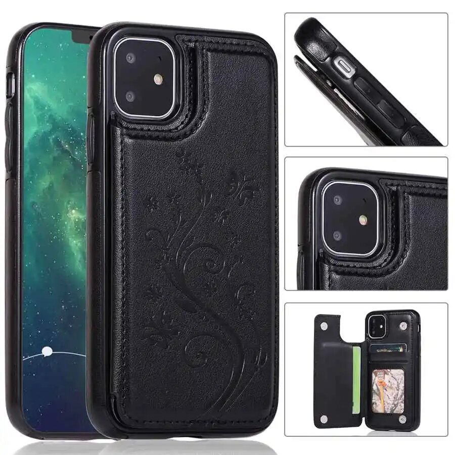Чехол-бумажник для iPhone 14 Pro Max 13 12 11 Pro SE 2022 2020 X XR XS Max Черный, Black, iPhone 13