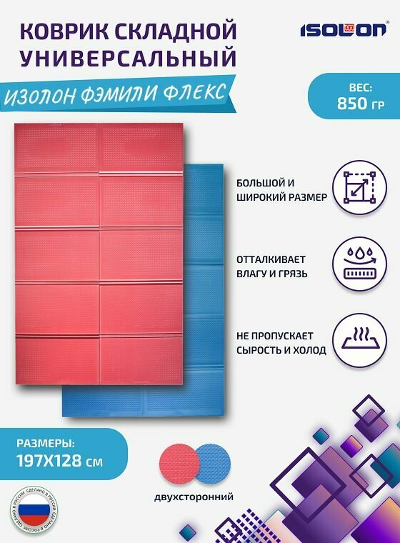 Коврик туристический складной широкий флекс /ISOLON/ 197х128 см. Всесезонный, не промокает, универсальный для охоты, рыбалки, для отдыха, дно в палатку, подстилка под бассейн