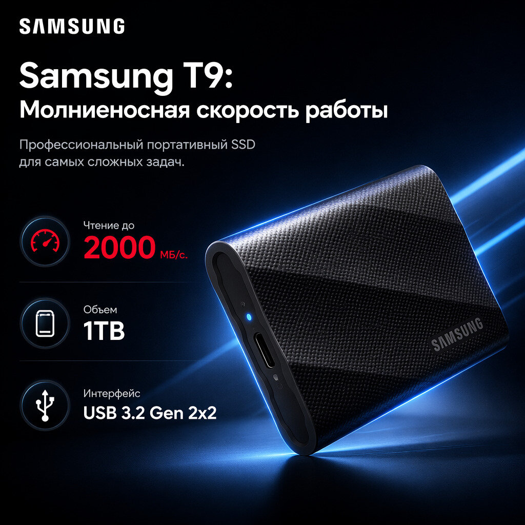 Внешний SSD диск Samsung T9 USB-C 3.2 Gen 2 1TB 2000 Мб/с Портативный SSD черный (MU-PG1T0B/WW)