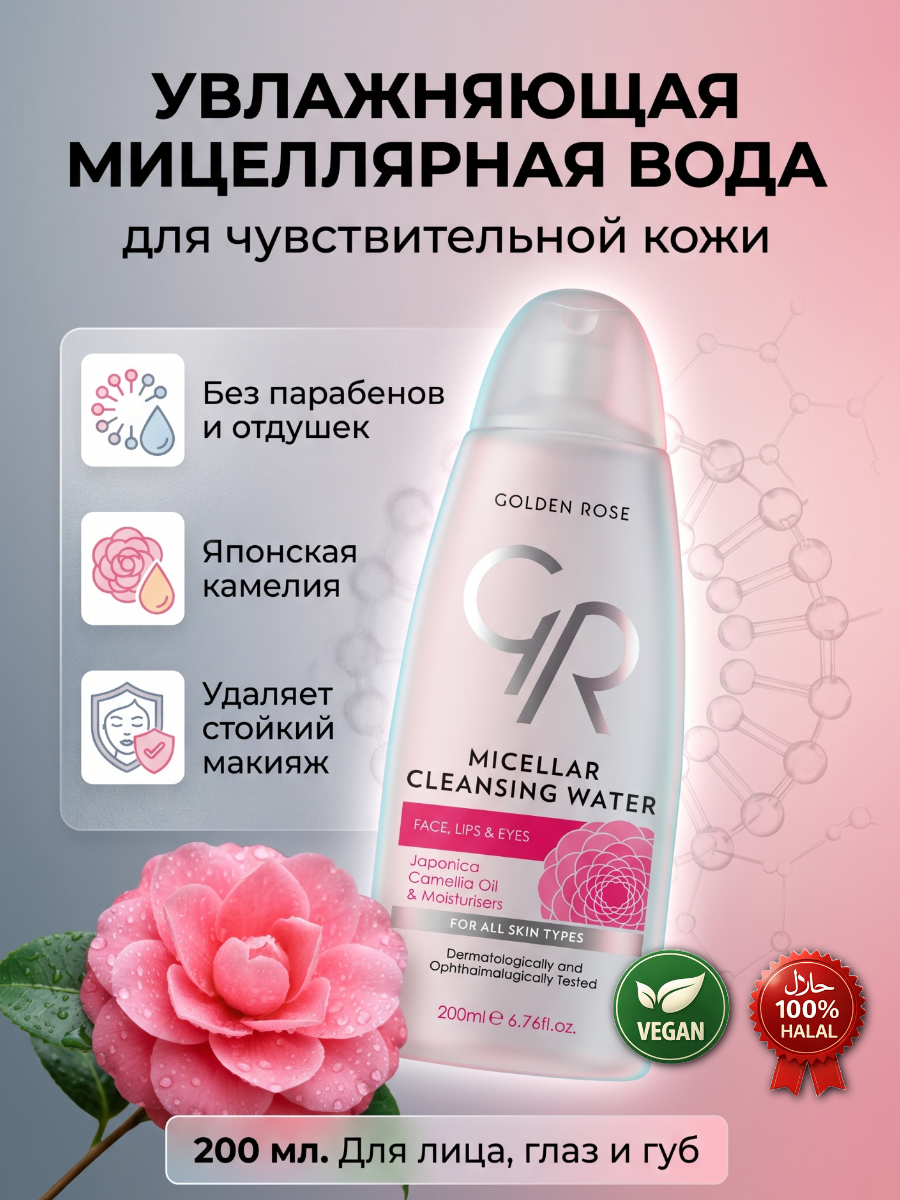 Увлажняющая мицеллярная вода для чувствительной кожи без парабенов, без спирта Golden Rose Micellar Cleansing Water, 200 мл веган халяль