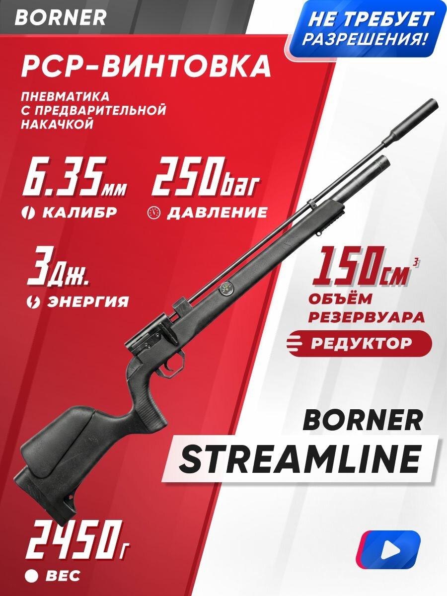 Пневматическая винтовка Borner PCP Streamline cal. 6,35 мм, 3Дж. (2 маг, черный пластик) NVB103/2