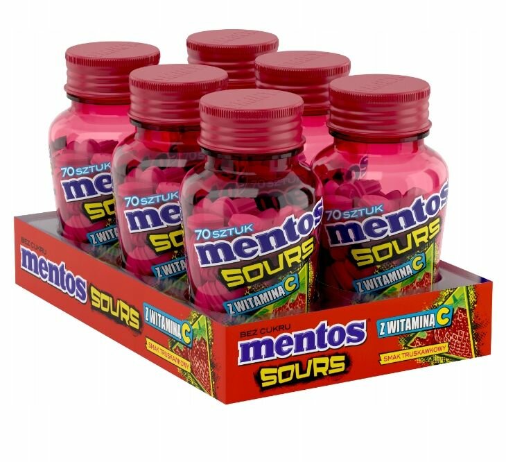 Кислые леденцы Mentos Sours со вкусом клубники и витамином С, без сахара, 6х49 г - 8682790002529