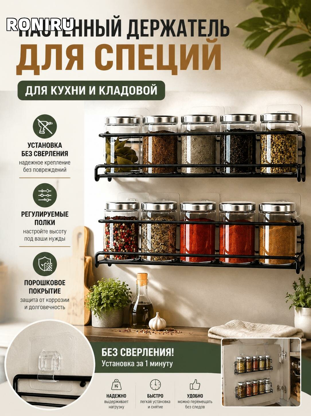Настенный держатель для специй без сверления с регулируемыми полками и порошковым покрытием, для кухни и кладовой