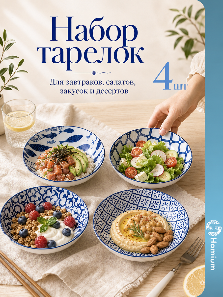 Тарелки плоские в подарочной упаковке, сервиз обеденный, набор столовых тарелок Homium Japanese Collection, 20 см, 4 шт
