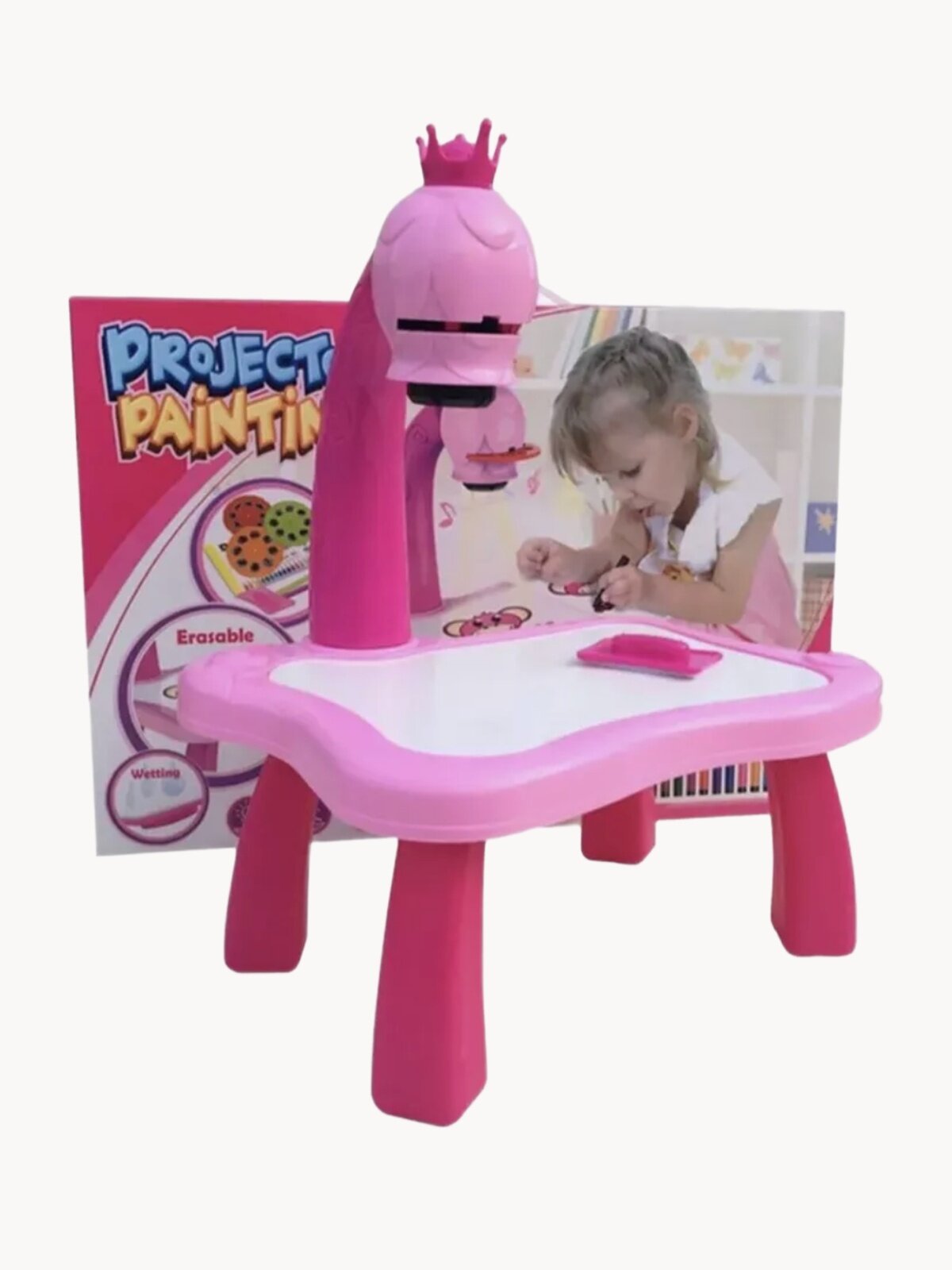 Детский музыкальный проектор для рисования со столиком, розовый