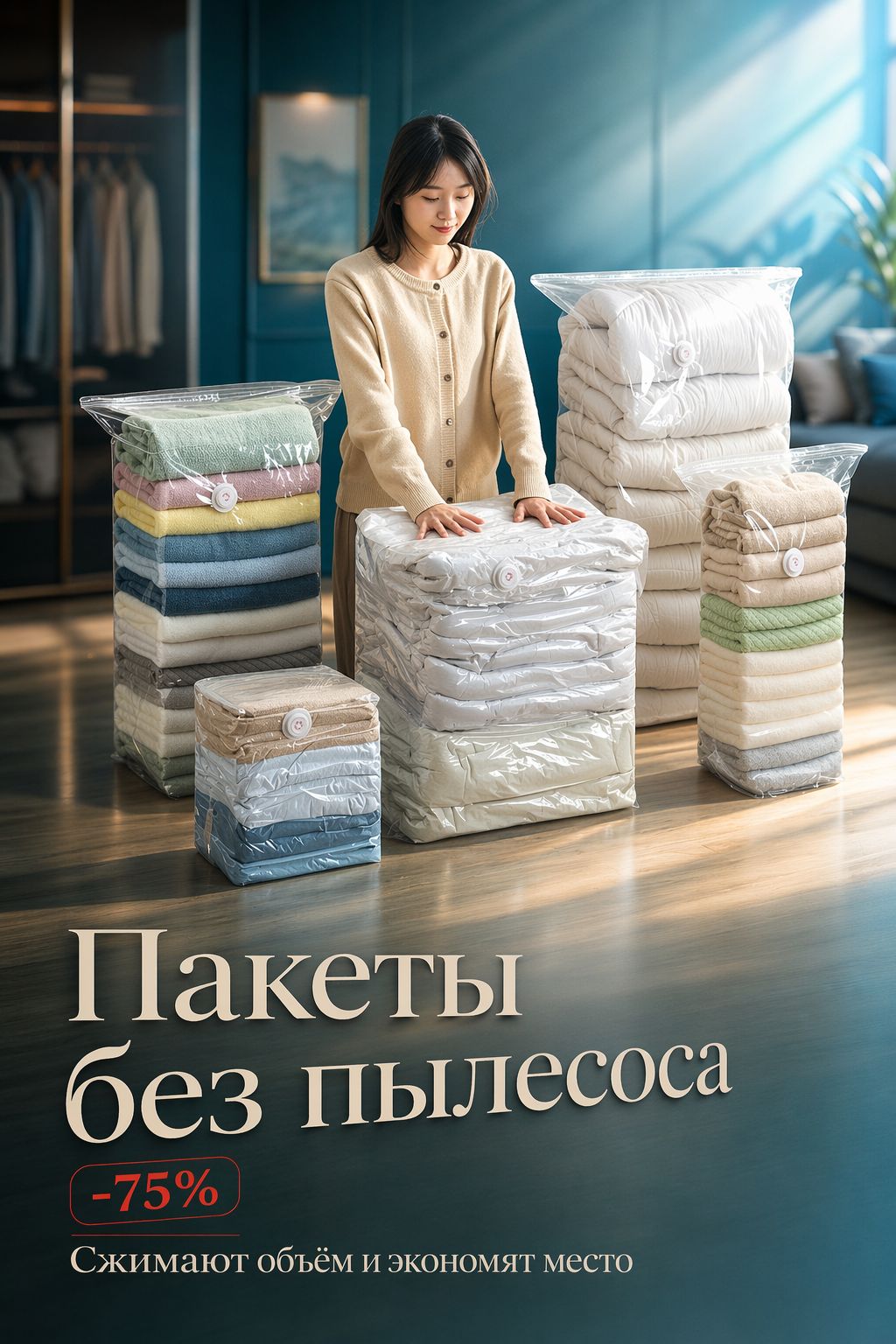 Вертикальный вакуумный пакет для одежды и одеял, большой 80 100 32 см, для зимнего хранения без пылесоса для сезонного хранения вещей для хранения зимней одежды