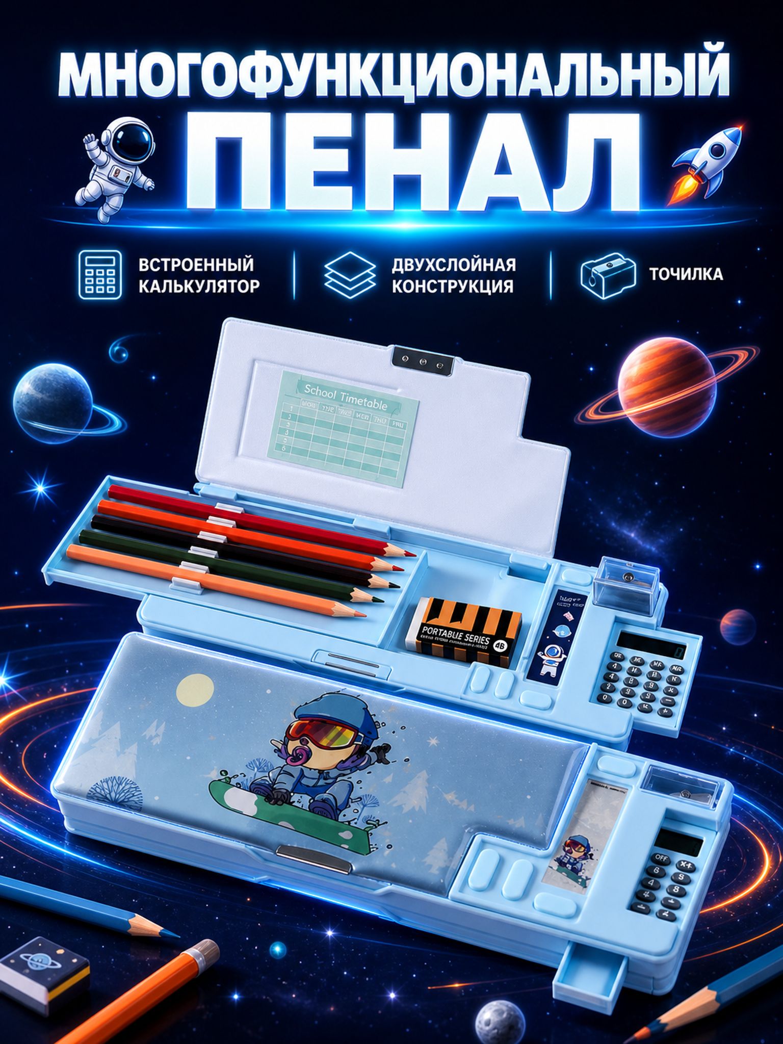 Пенал в школу , Многофункциональный с калькулятором для школы и офиса