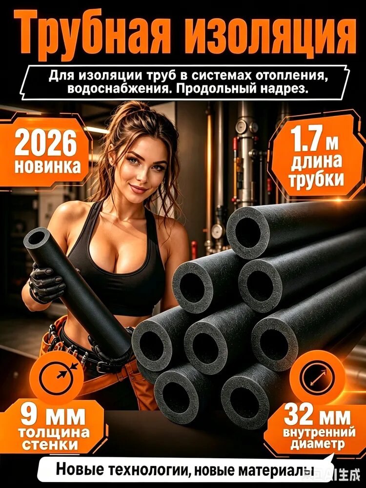 Трубная изоляция из вспененного полиэтилена 32x9 мм, 1.7 м, серая, для труб отопления, водоснабжения и кондиционирования