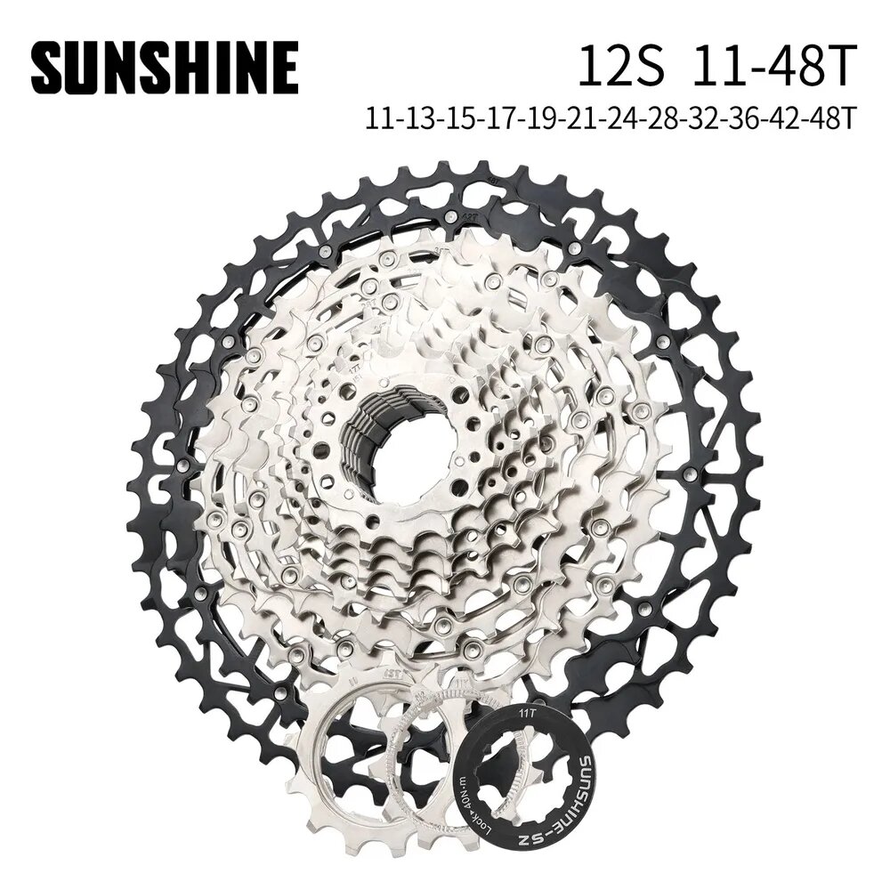 Кассета для велосипеда SUNSHINE 11-48T, 12 скоростей Велосипед Маховик с картой HG, (Чёрный+Серебро), 495 г.