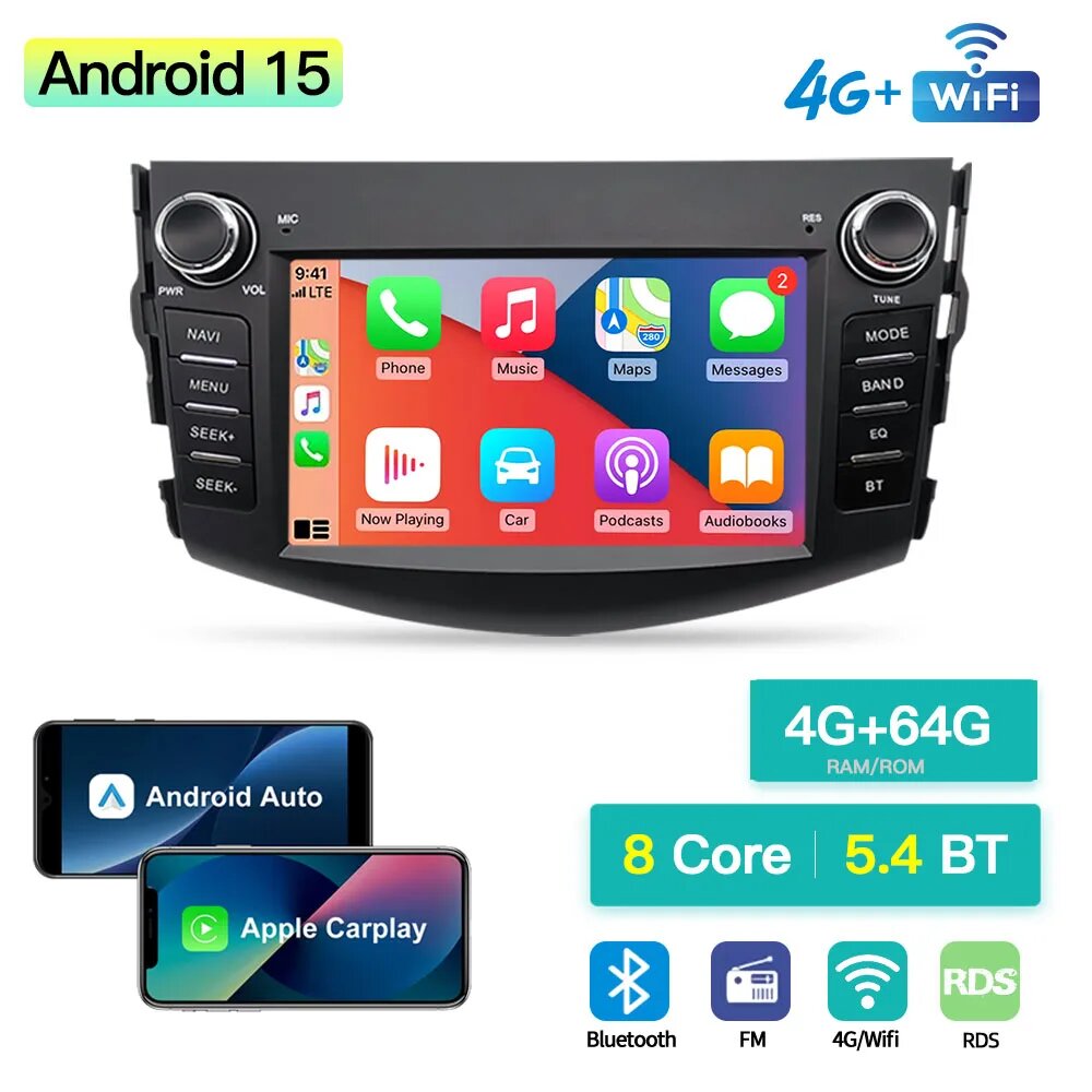 Автомагнитола SZLELV Android Auto для Toyota RAV4, навигационный плеер, 4 64G Android15 4G