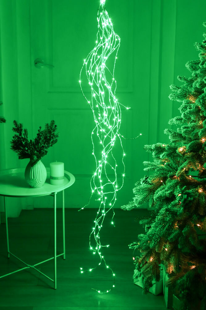 Электрогирлянда конский хвост, 200 зеленых мини-LED ламп, 15*1.5+1.5 м, провод-проволока+зеленый шнур, Бьюти Лед.