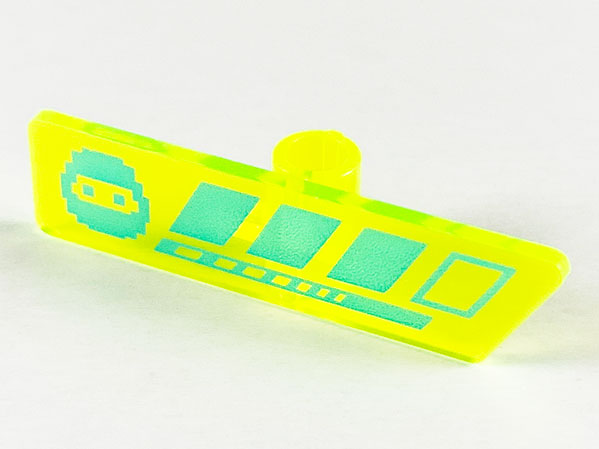 Minifigure, Utensil Gameplayer Label with Pixelated Medium Azure Ninja Head and Broken Stripe / Health Bar Pattern, 65191pb01 Trans-Neon Green U