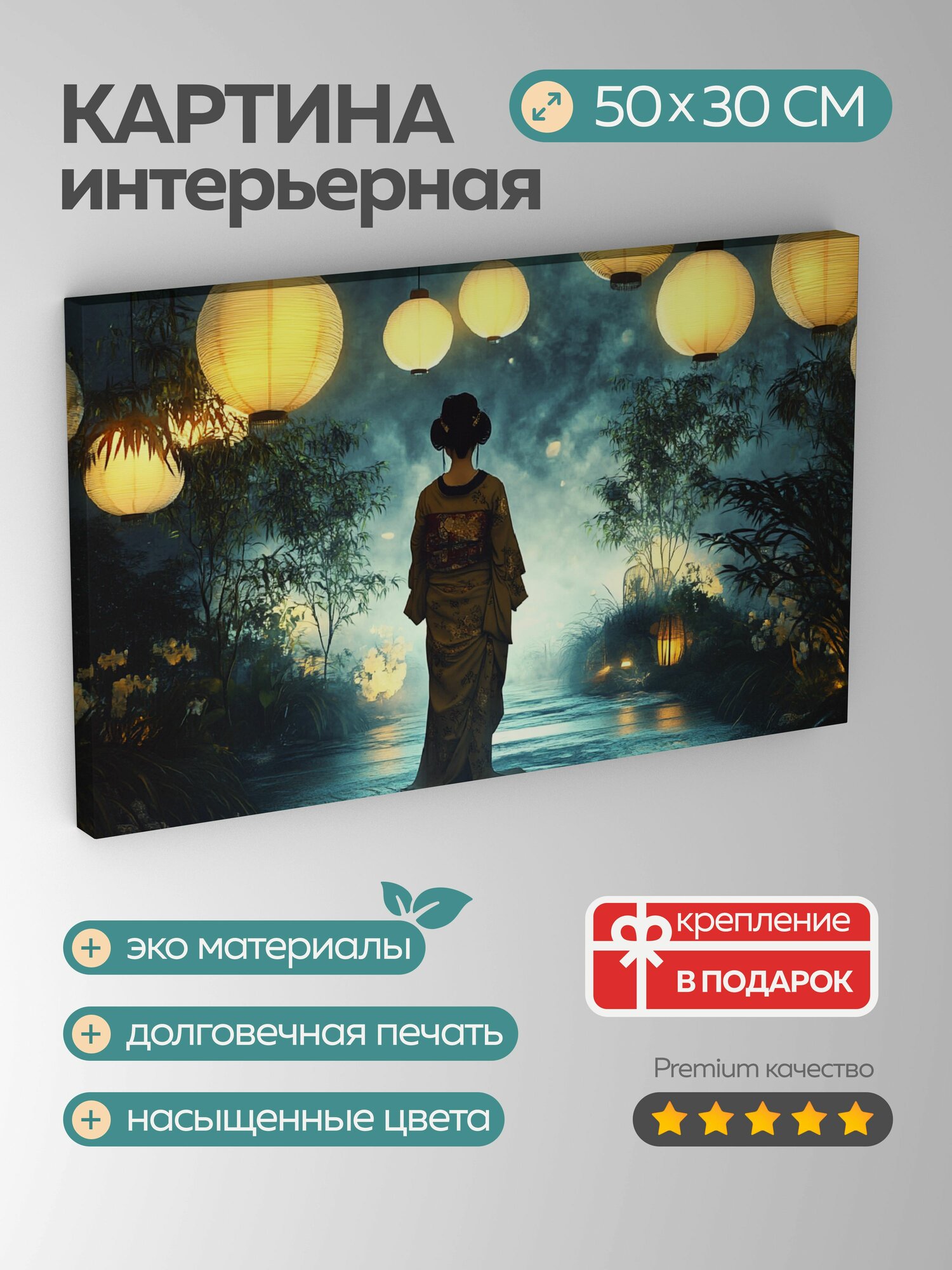 Картина на холсте интерьерная 50х30 см, гейша, кимоно, япония, сад, фонарики, таинственность, элегантность, освещение