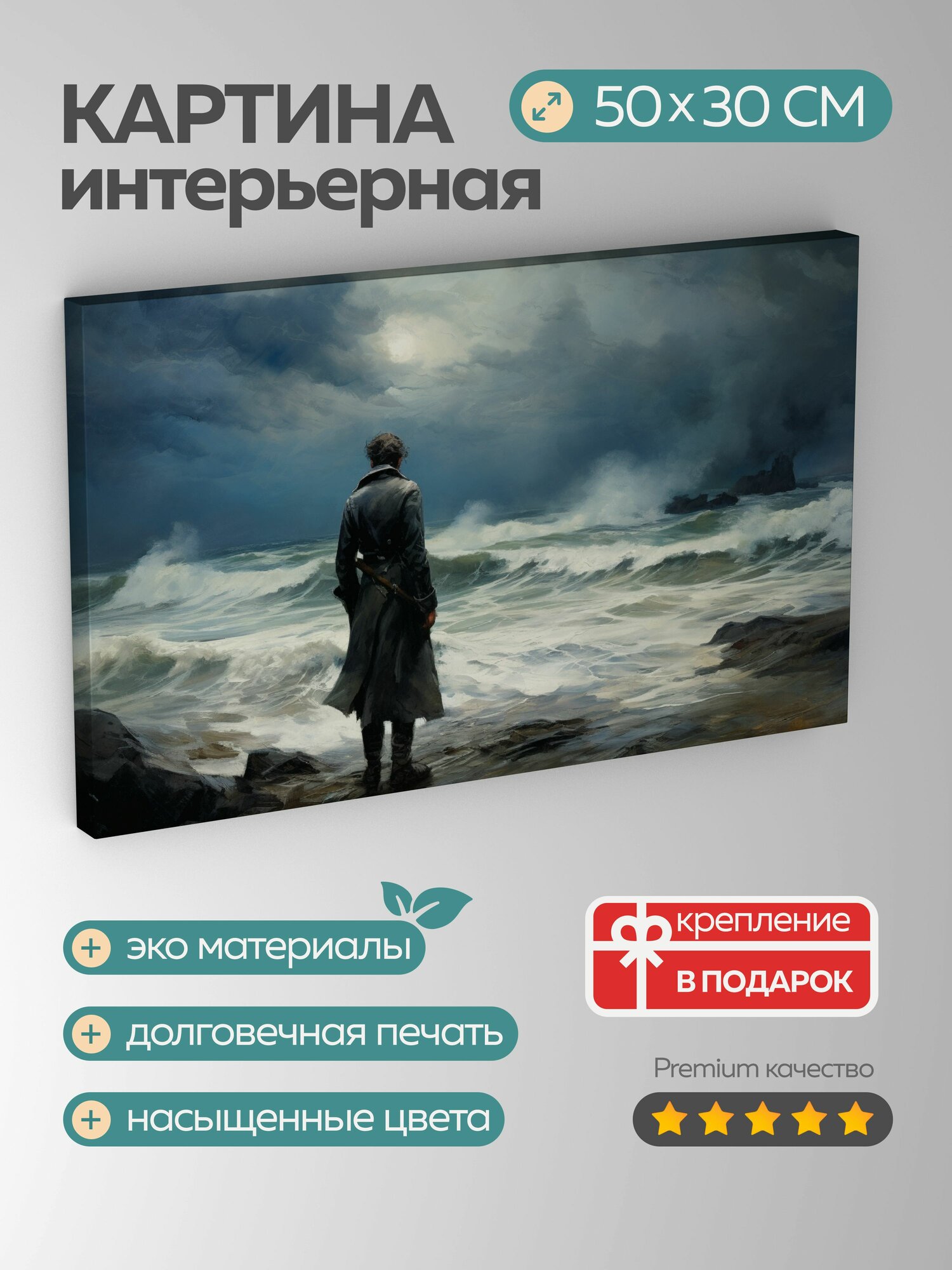 Картина на холсте интерьерная 50х30 см, масло, картина, моряк, берег, скалы, штормовое море, лицо, волосы, приключения