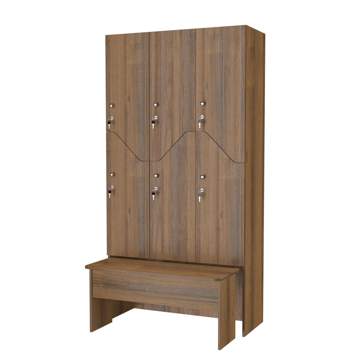 Шкаф для раздевалок с задвижной скамейкой комбо-элегия №3-2А, Орех