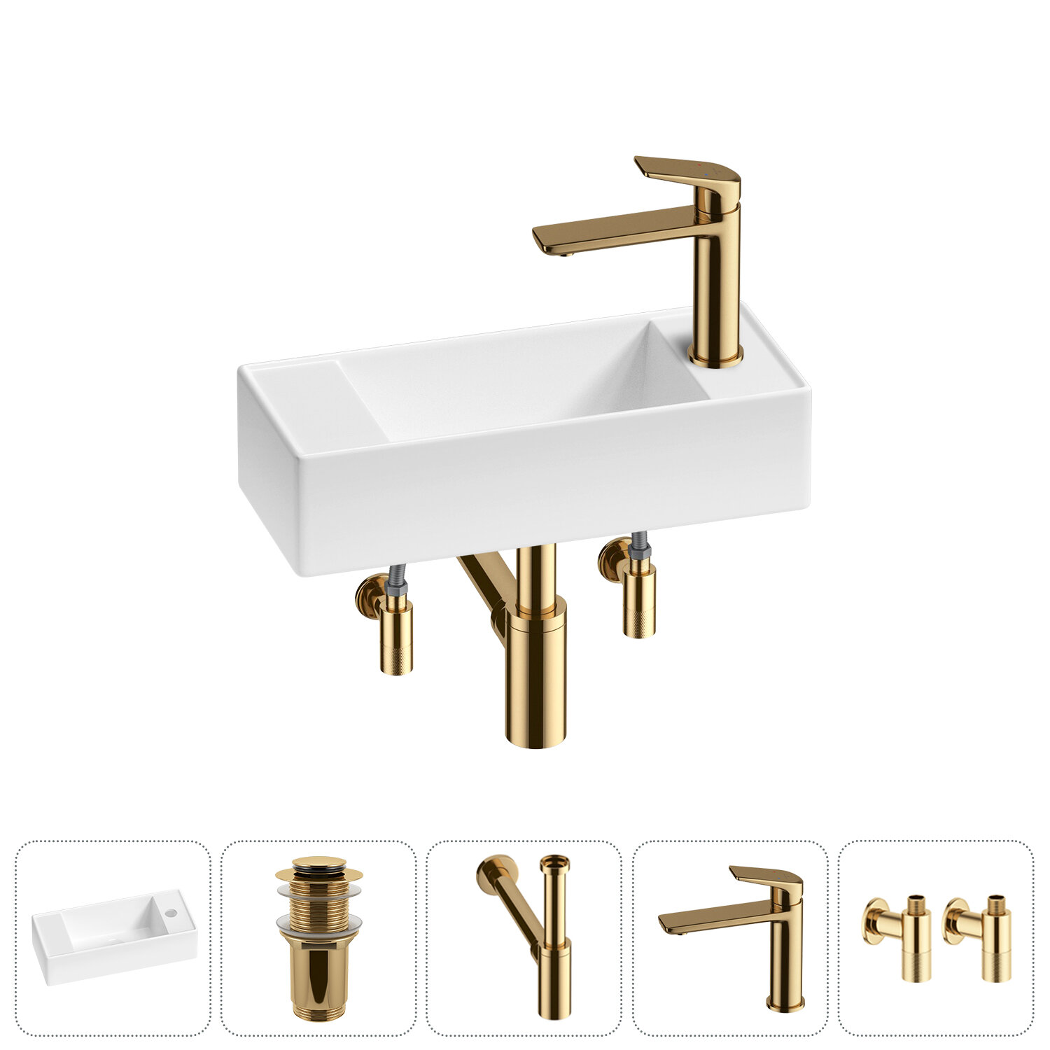 Подвесная или накладная раковина в ванную комнату Lavinia Boho Bathroom Sink 20216259R в наборе 5 в 1: раковина 43 см в цвете белый глянец, донный клапан, сифон, смеситель, вентили