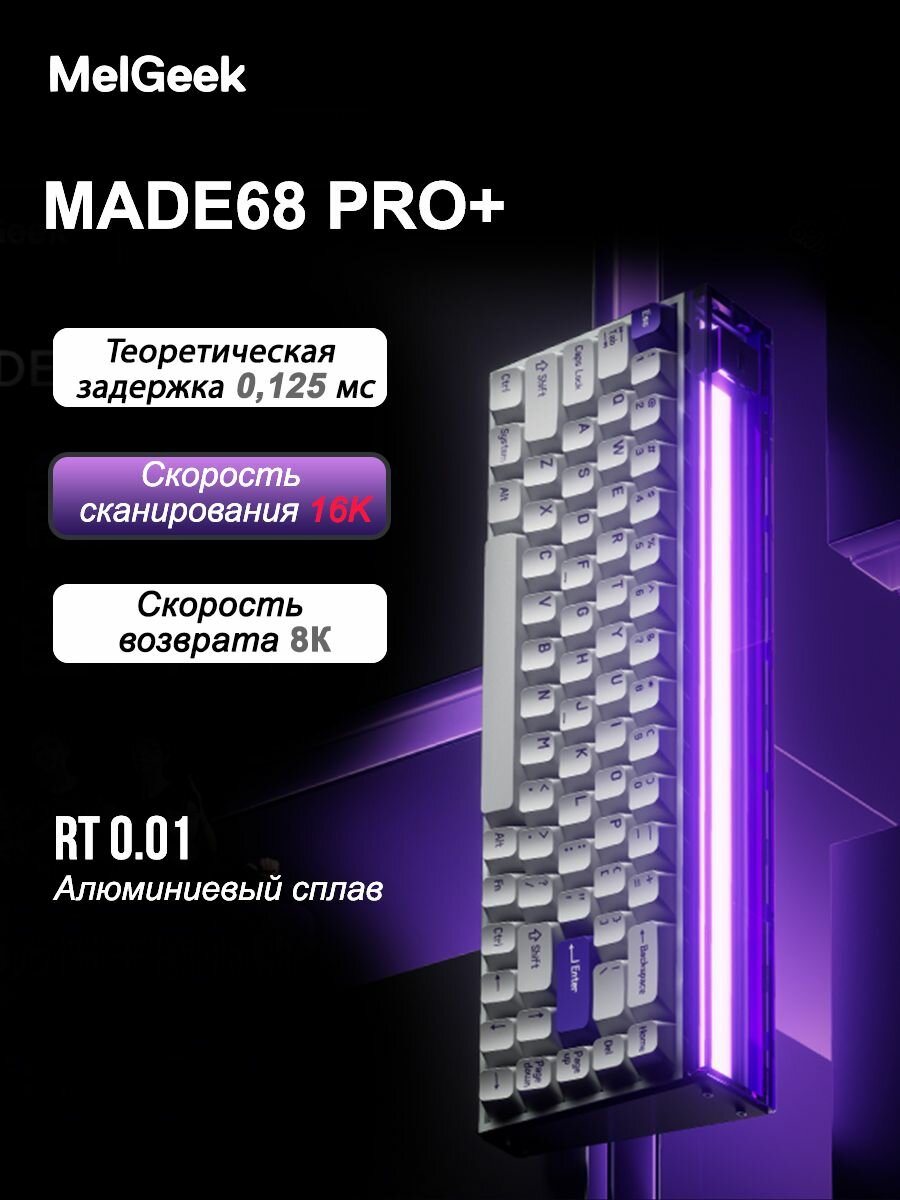 MelGeek MADE68 Pro+ Клавиатура с магнитным валом, игровая проводная 68 клавиш, Белый фиолетовый свет