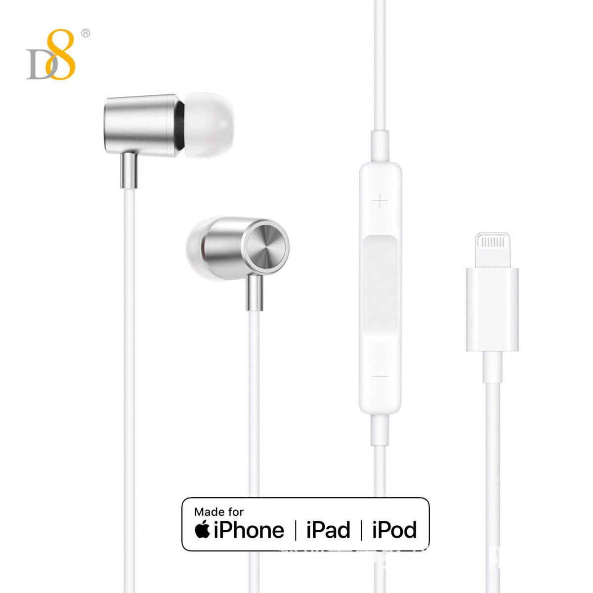 MFi сертифицированные D8 наушники Lightning с управлением для iPhone 14/13/12/12 Pro, белый цвет, стереозвук