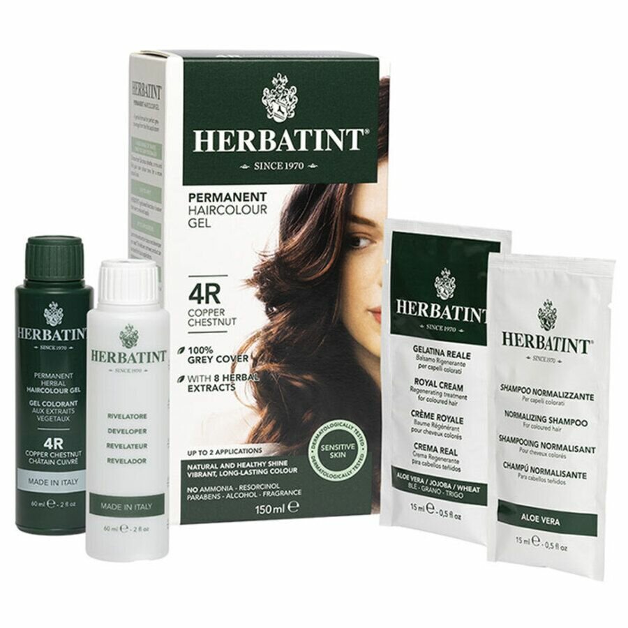 Гель-краска для волос без аммиака с экстрактами натуральных растений тон 4R медный каштан HERBATINT, 150 мл