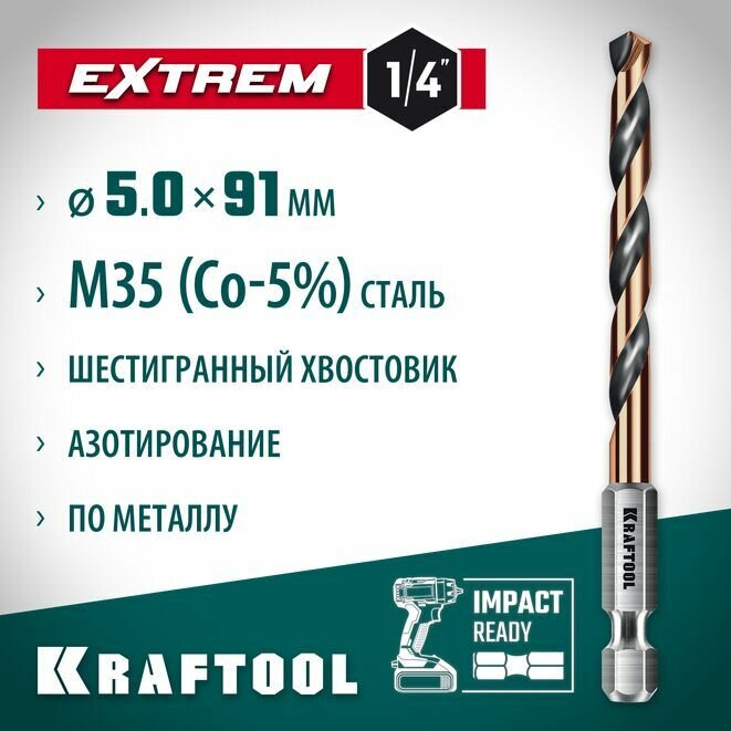 Сверло по металлу для винтовёртов и шуруповертов IMPACT READY, KRAFTOOL НЕХ-1/4", d 5.0 х 91 мм