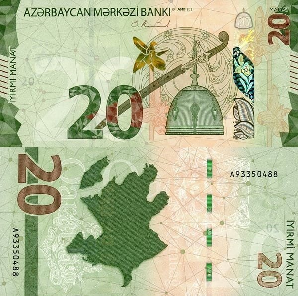 Азербайджан 20 манат 2021 Карта UNC