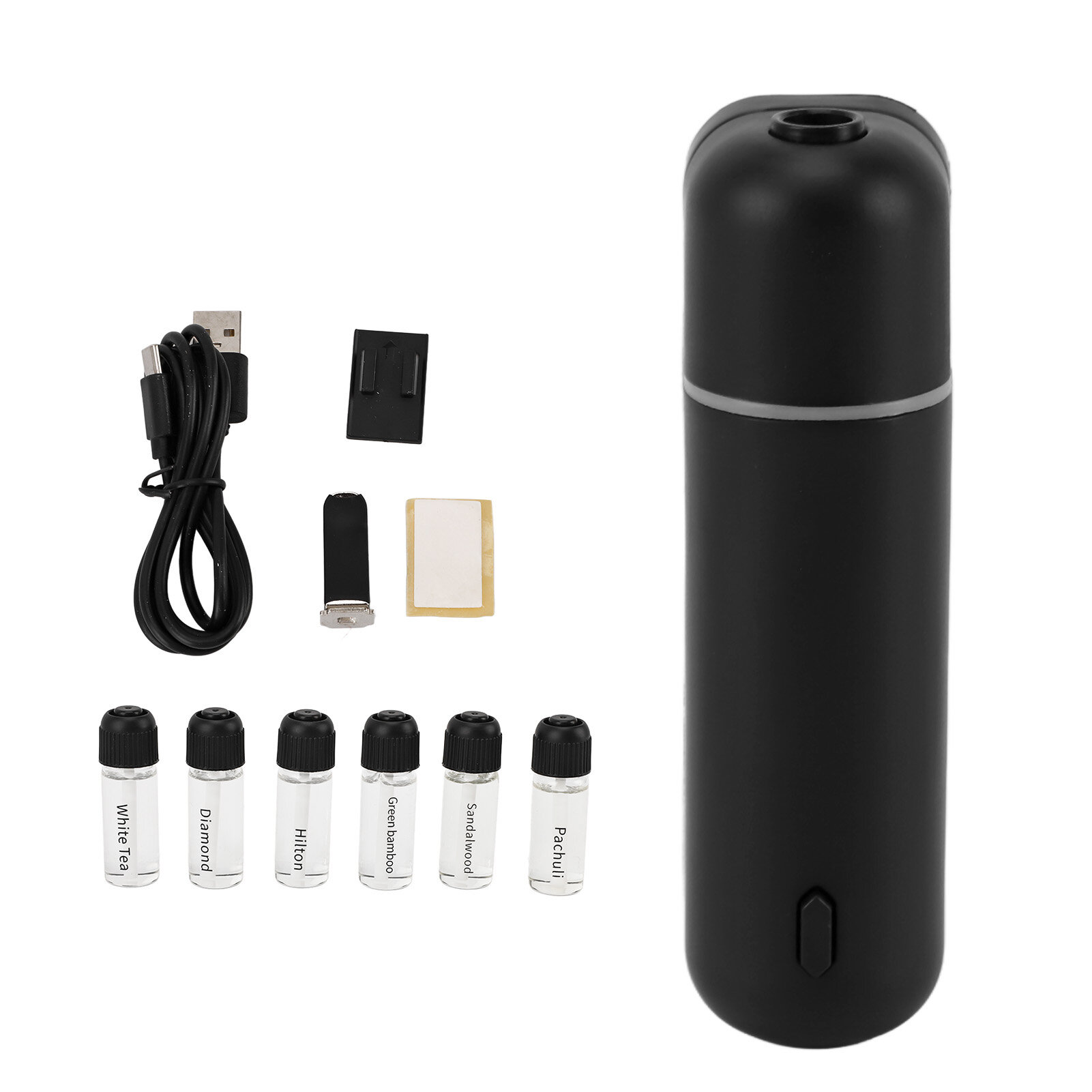 Портативный диффузор автомобиля с 6 бутылками 5 мл эфирного масла 5 В USB -заглушка и воспроизводимый диффузор эфирного масла автомобиля для движения для ежедневных поездок Black
