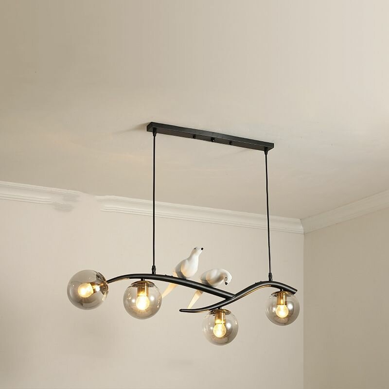 Креативная люстра из веток птицы 4 молочно-белых шара 86 см черный теплый свет -kpa