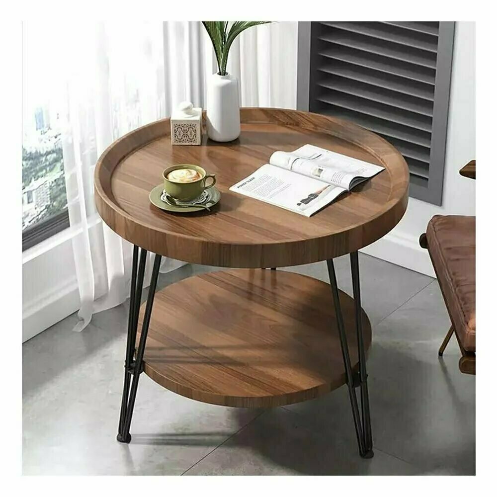 Журнальный стол "2-этажный круглый", дерево/металл, коричневая столешница