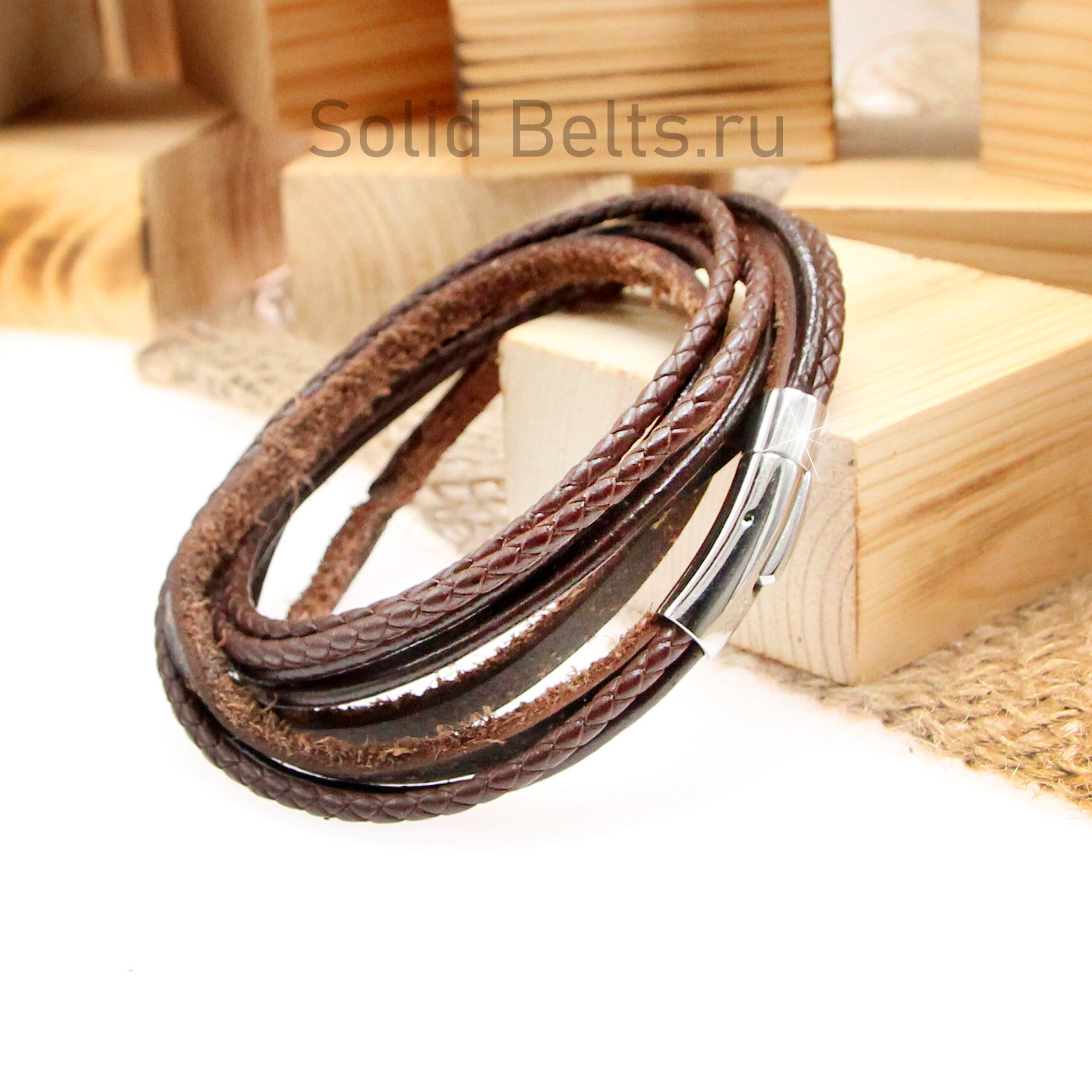 Плетеный браслет, кожа, металл