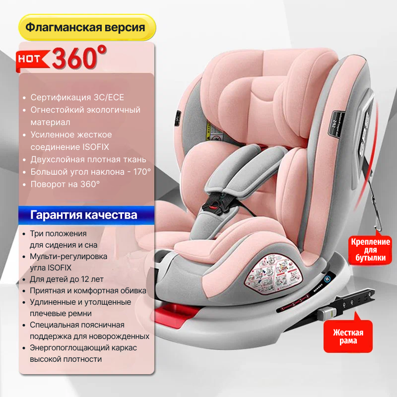 Детское автокресло Baby Car, вращающееся на 360 градусов, розовый версия 3