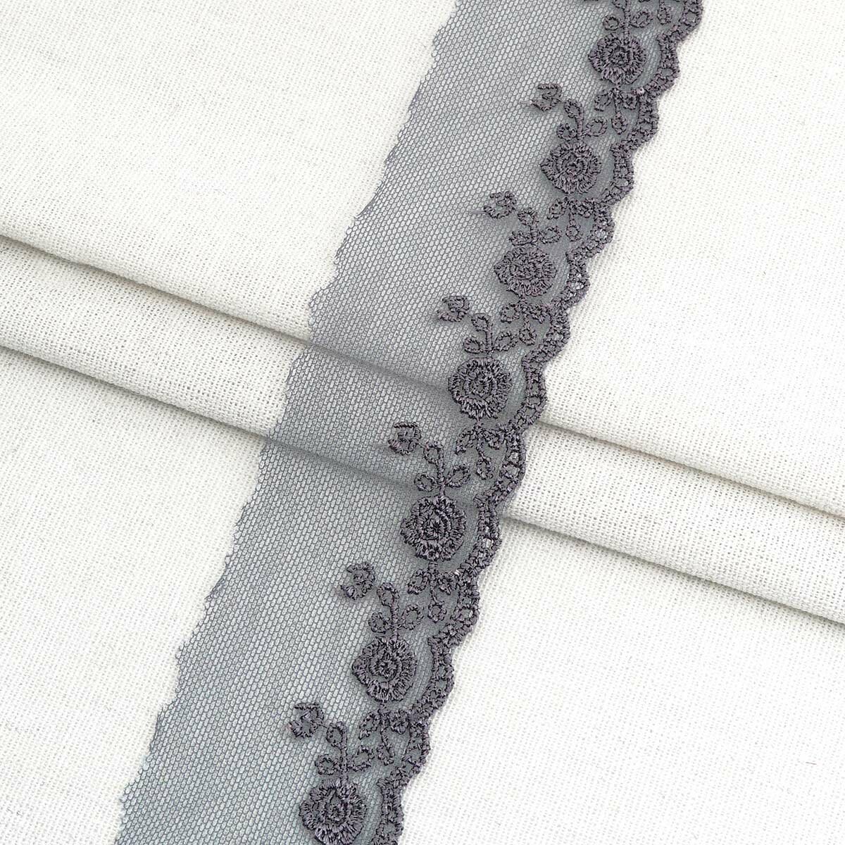 Кружево для рукоделия, на сетке, 4,5 см*12 м, полиэстер, темно-серое, Айрис