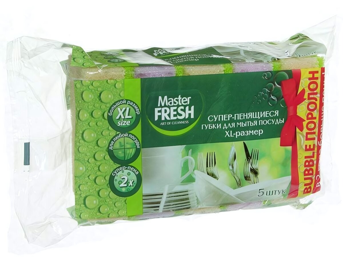 Губка для посуды «Master FRESH» 5шт, XL-размер 10x7x3см, bubble-поролон, разноцветные