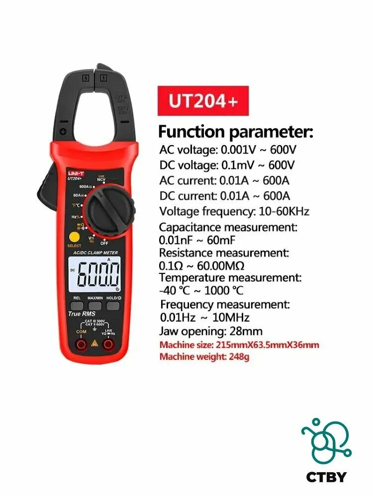Цифровой измеритель напряжения UNI-T, UT204+, AC DC амперметр напряжения тестер сопротивления частотомер