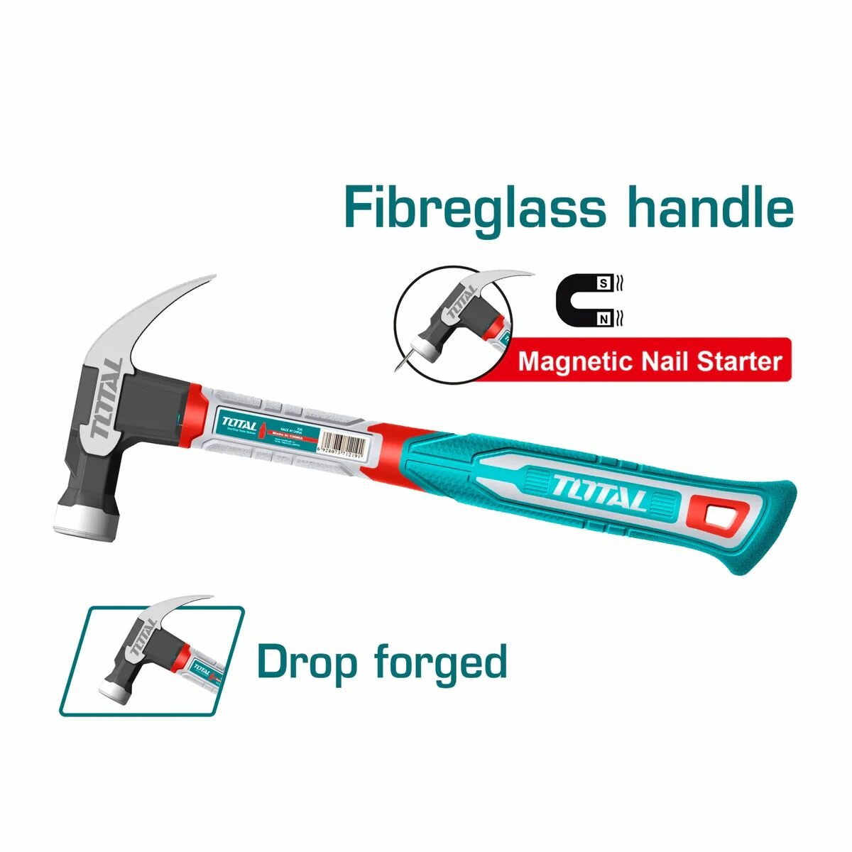 Молоток-гвоздодер TOTAL THCH61020, сталь, стеклопластик, 560 г