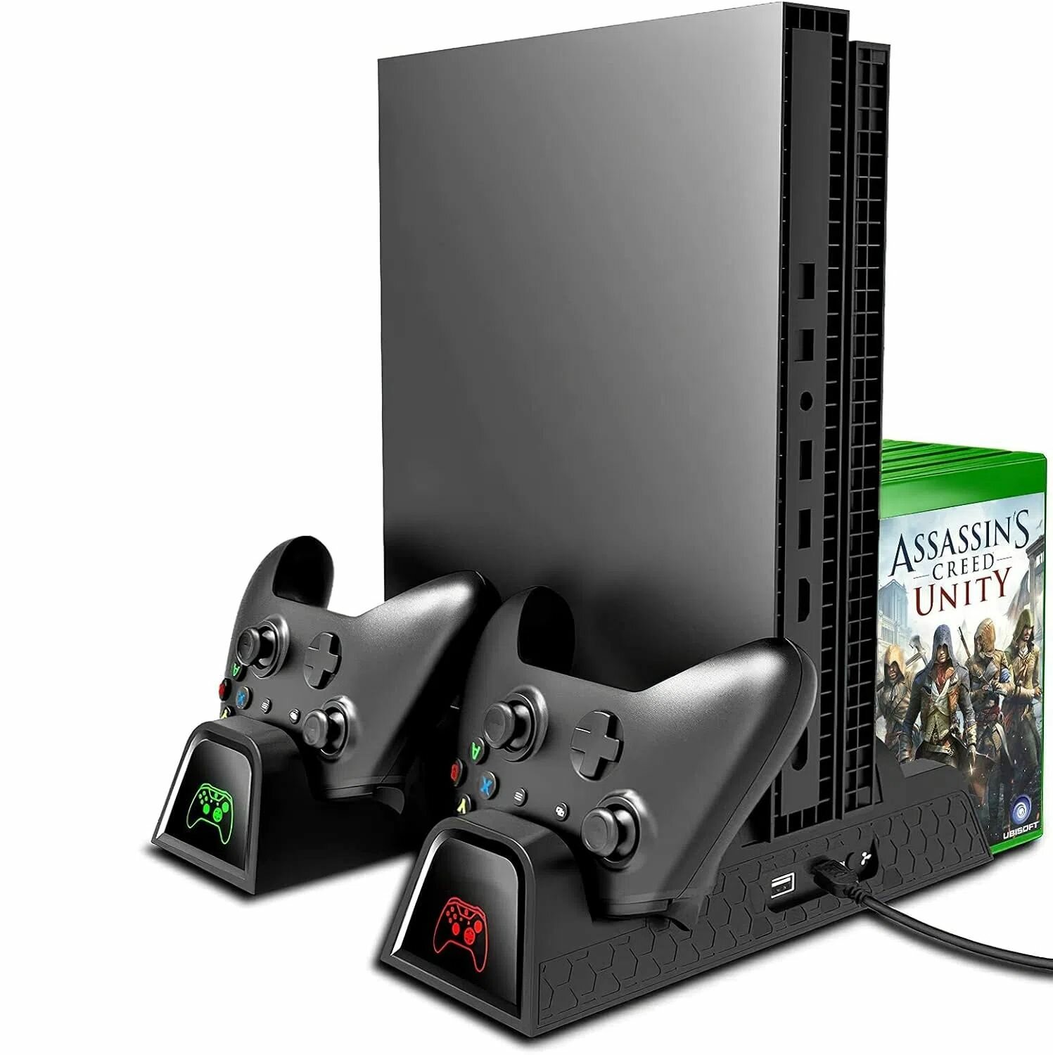 Охлаждающая стойка для Xbox One/OneS/One X , Двойная зарядка контроллеров + хранение игр , USB-хаб