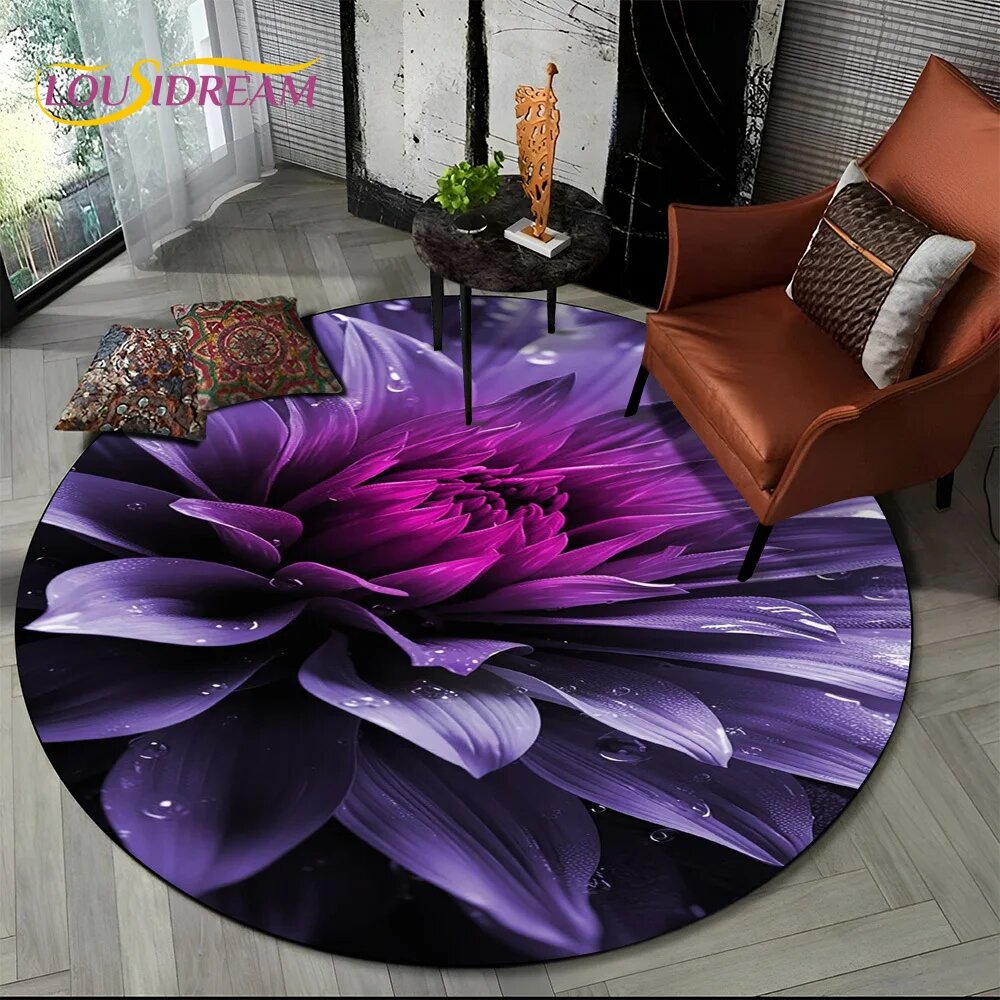 Круглый ковер LOUSIDREAM 3D цветы для гостиной, Diameter 120cm, Фиолетовый
